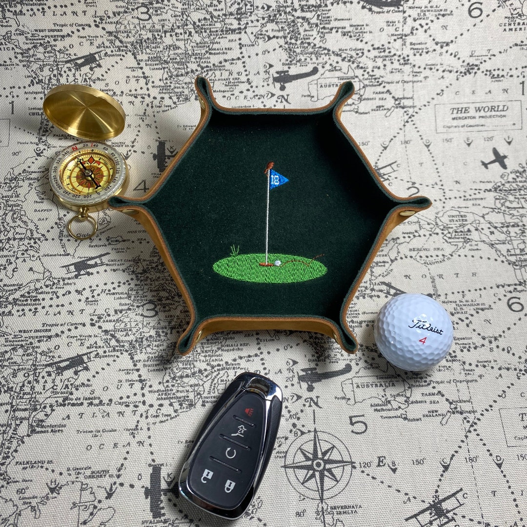 Leather Valet Tray: Embroidered Golf Design, Desk Organizer, Golf Lover ...