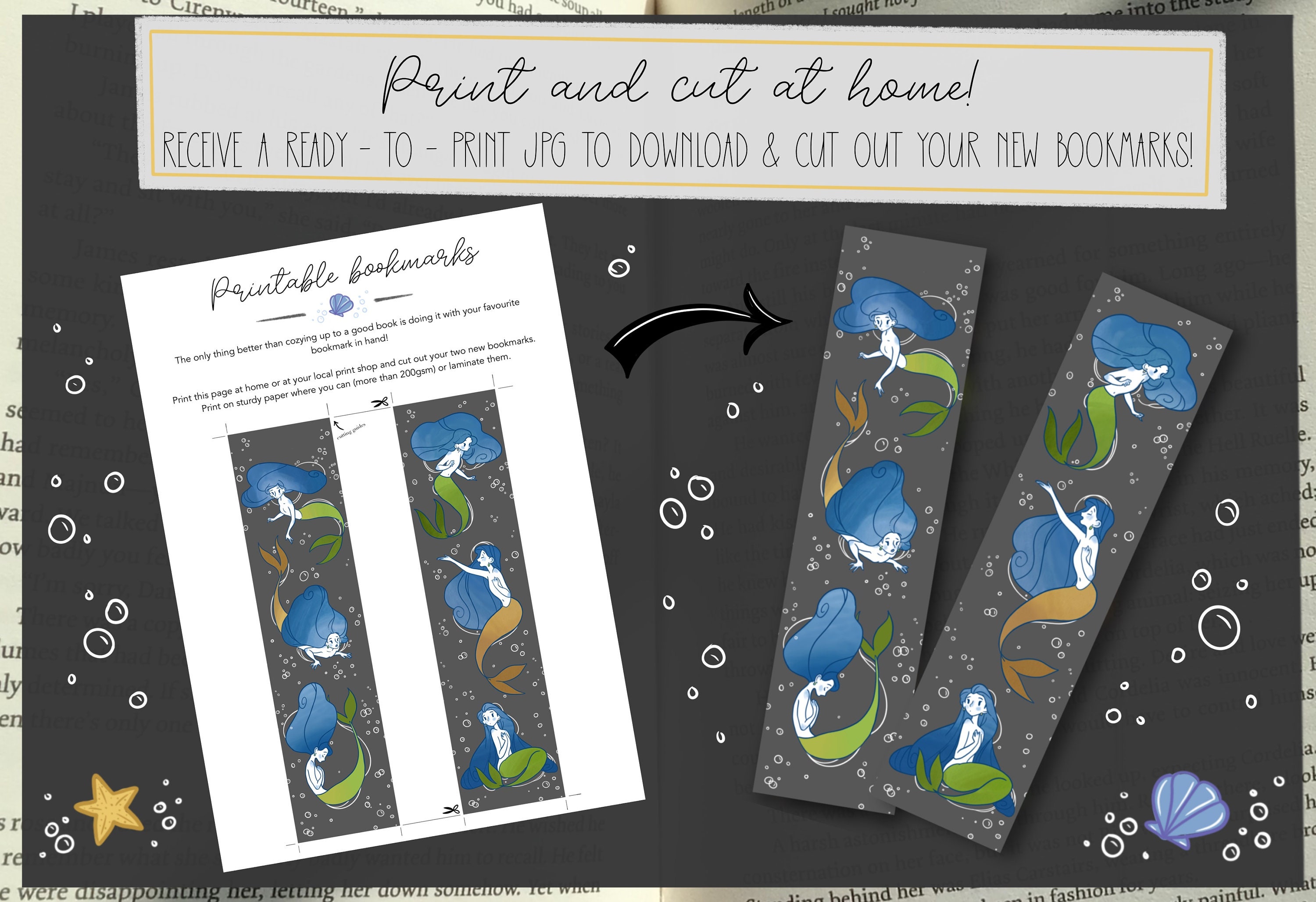 Colourful Mermaids Pattern Printable Bookmarks Set of 2 Illustrated ...