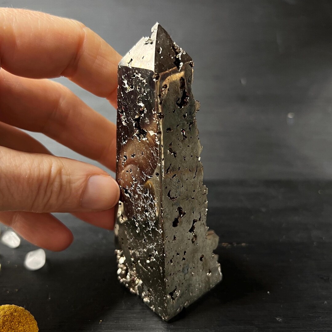 Raw/polished Pyrite Obelisk Golden Pyrite Tower With Square Base Fools Gold With Mirroring ...
