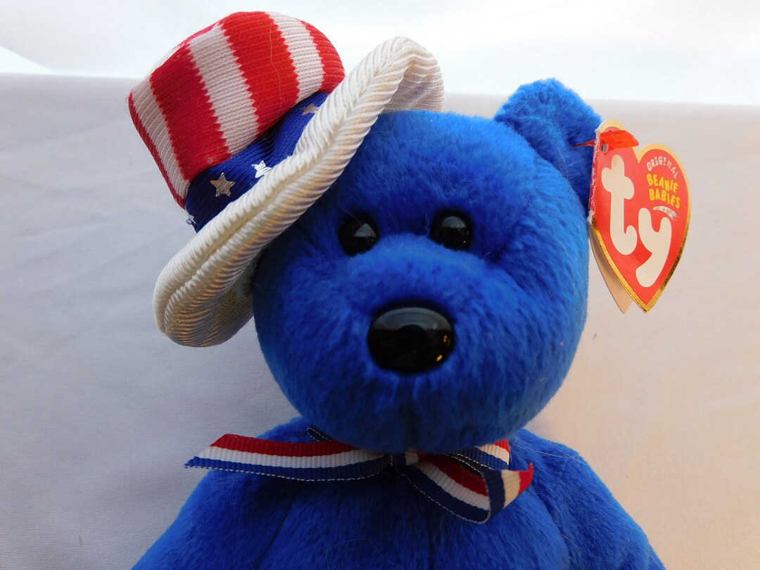 SAM Royal Blue Beanie Baby Bear With Uncle Sam Hat in Red, White and ...