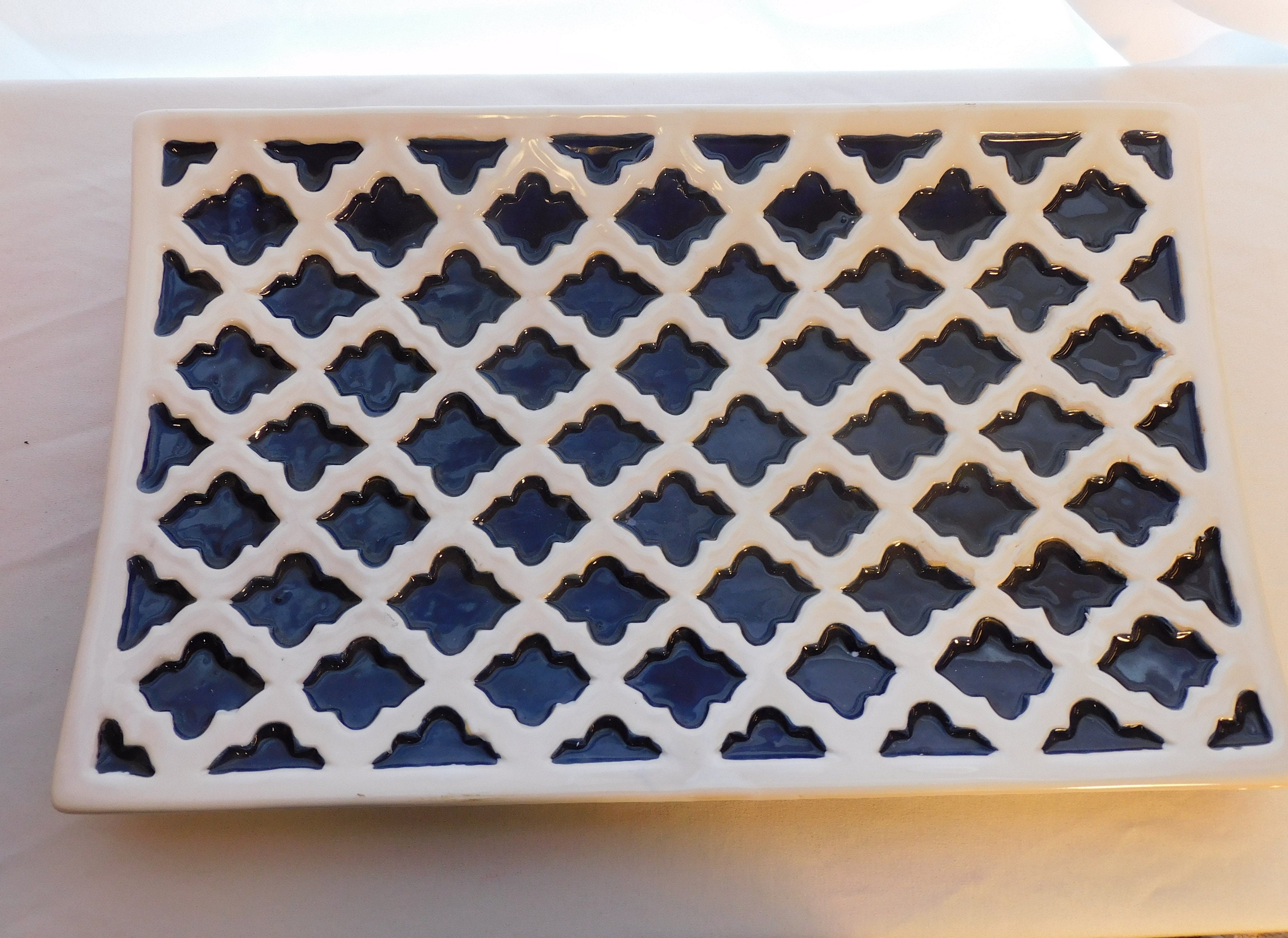 Beautiful Large Arabeska Rectangular Bright White and Navy - Etsy