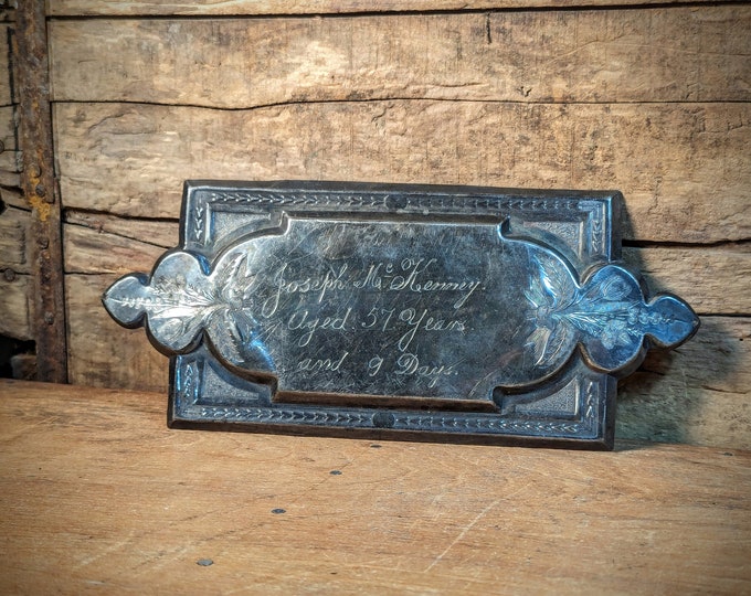 Antique Hand Etched Casket Plate With Graphic Flowers and Ornate Border ...