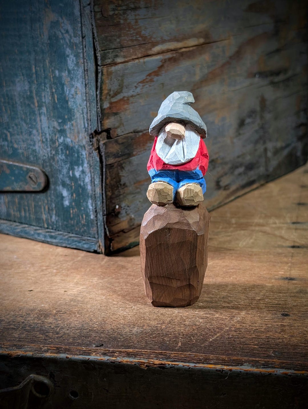 Hand Whittled Gnome Sitting on a Block of Wood Figurine / Hand Carved ...