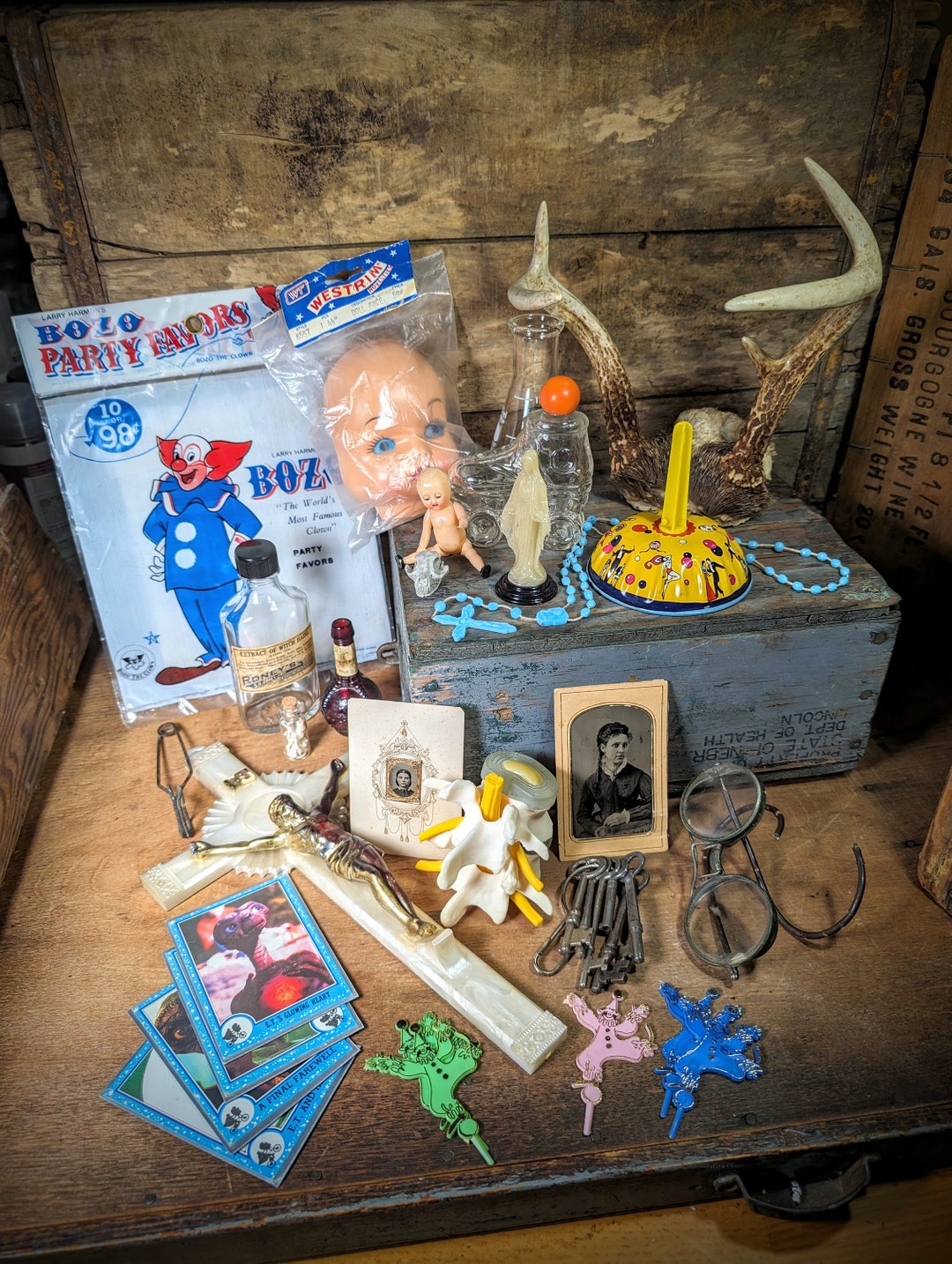 Oddities Lot / Antique Skeleton Keys, Tin Types, Religious Items ...