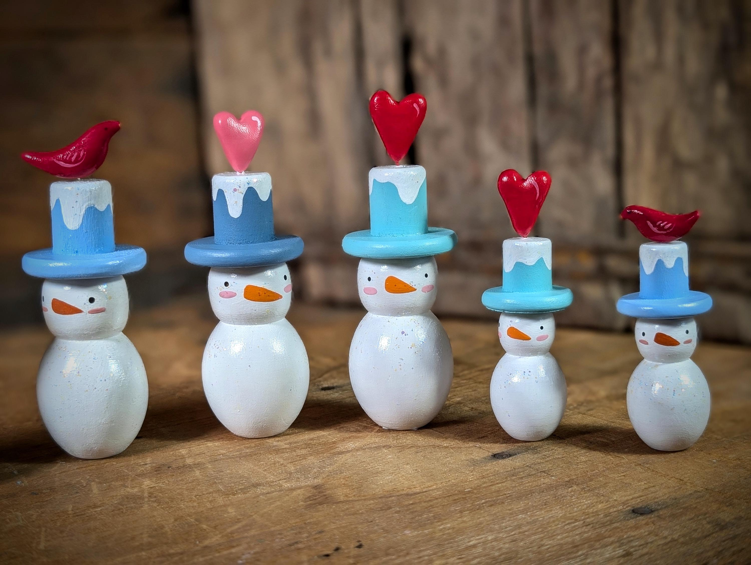 You Choose: Hand-painted Folk Art Snowman Peg Doll With Bird or Heart ...