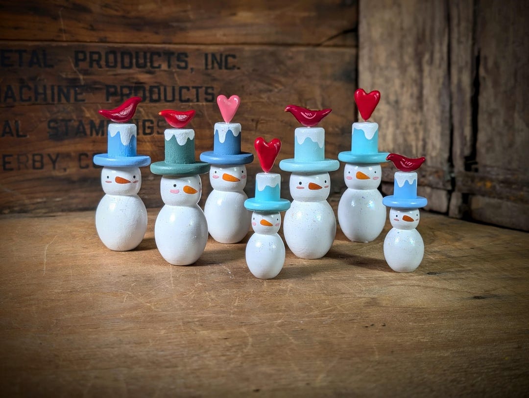 You Choose: Hand-painted Folk Art Snowman Peg Doll With Bird or Heart ...