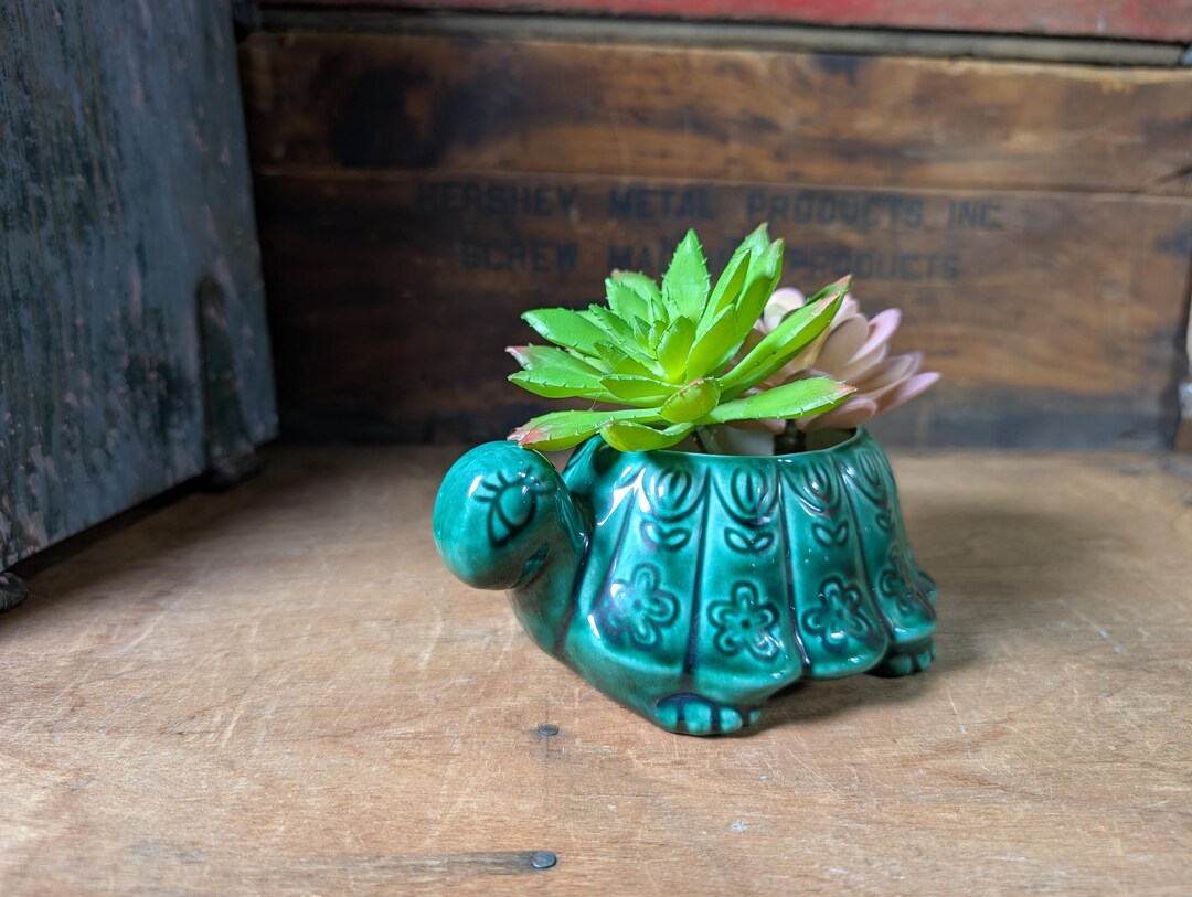 Retro Green Ceramic Turtle Planter - Etsy