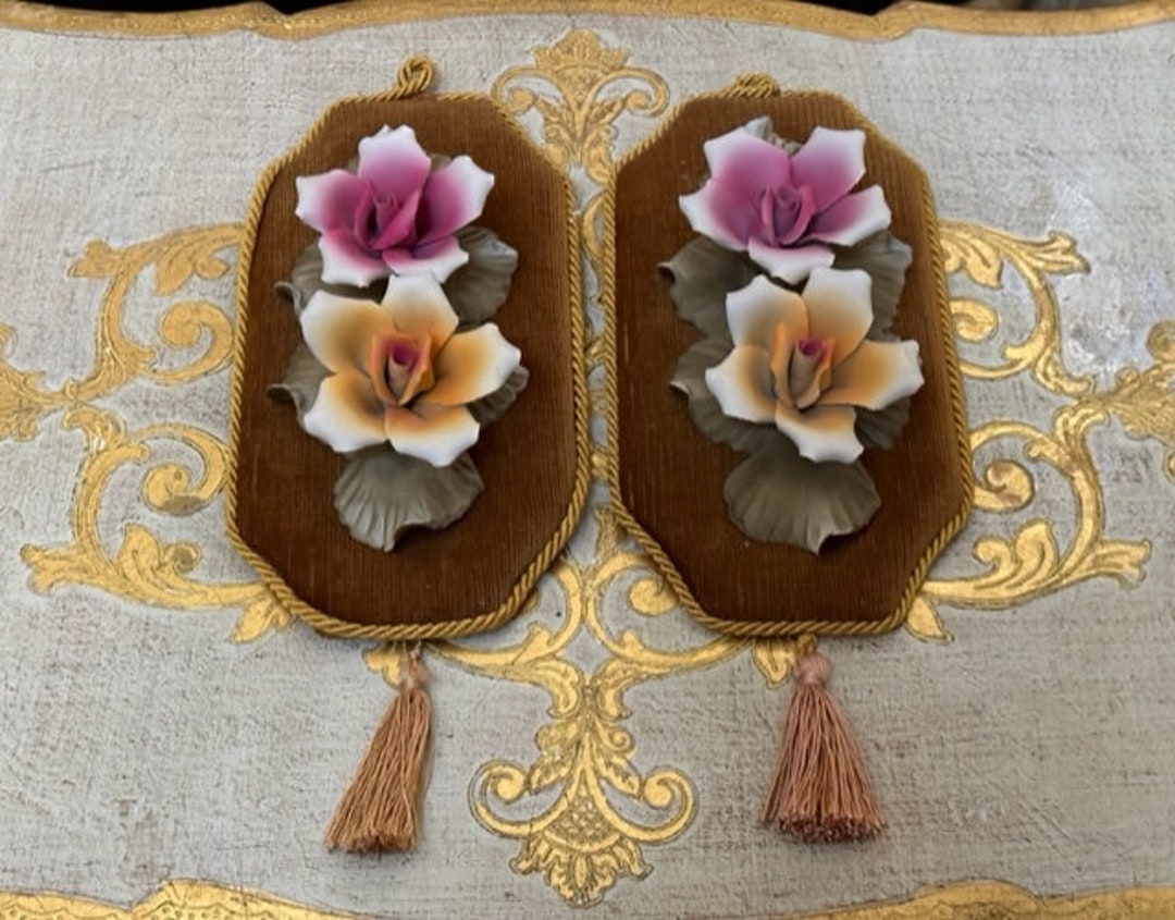 Vintage Capodimonte 3D Floral Porcelain Velvet Wall Plaque - Made in ...