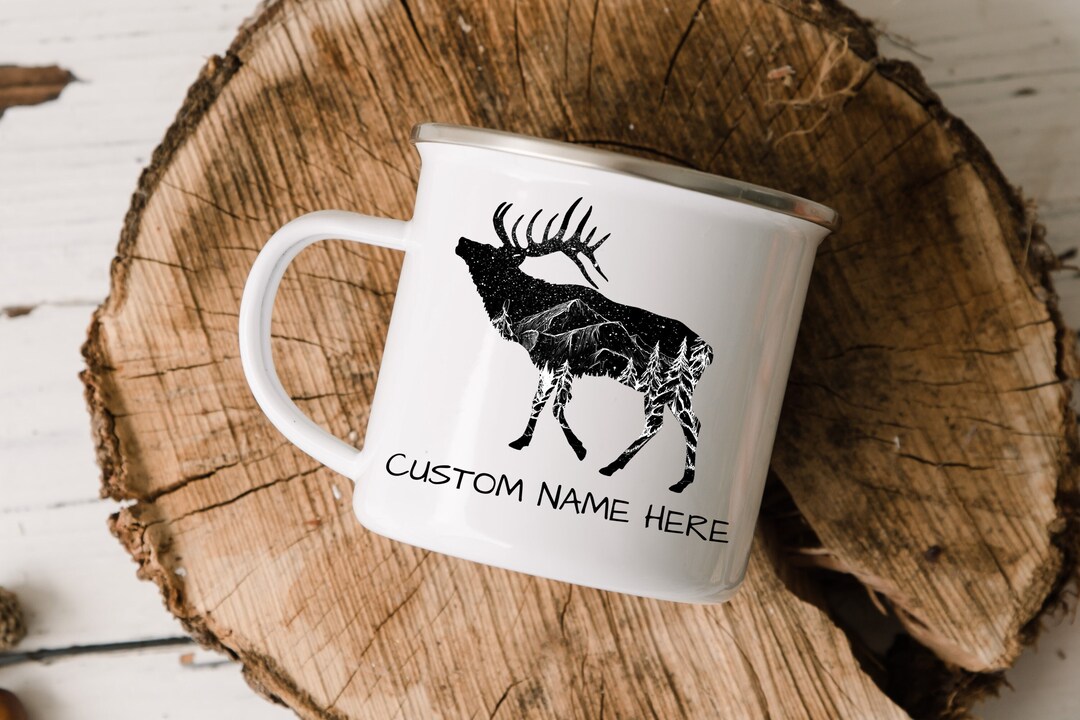 Custom Name Elk Enamel Mug, Mountain Campfire Mug, Personalized Camping ...