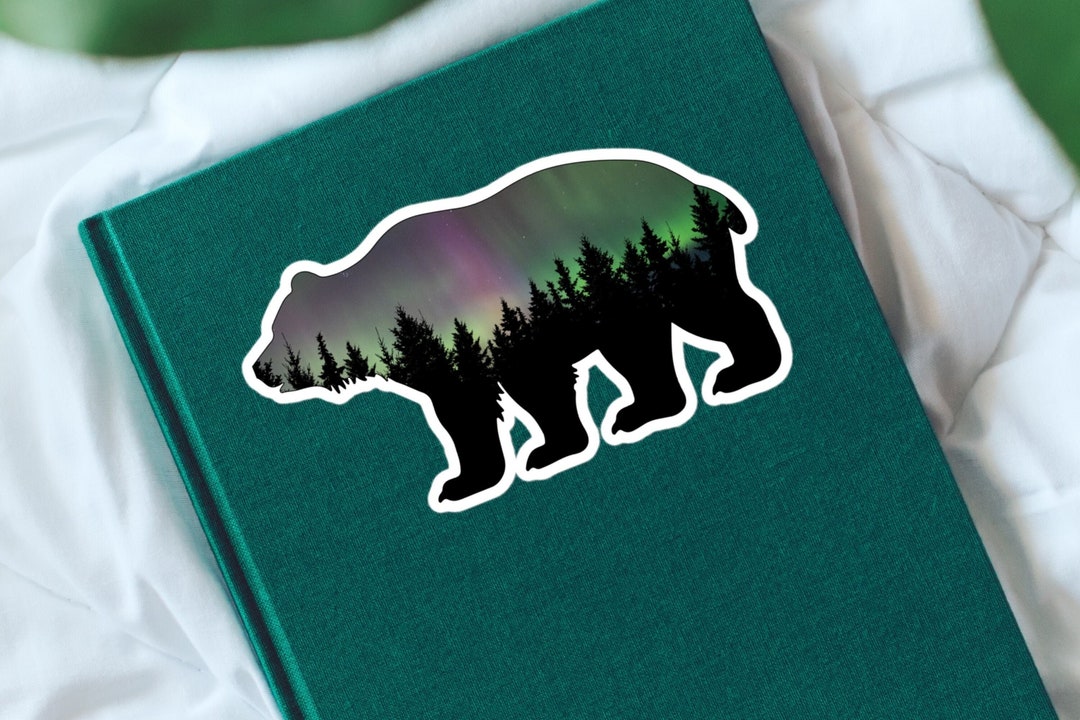 Northern Lights Bear Sticker, Pine Tree Forest for Nature Lover ...