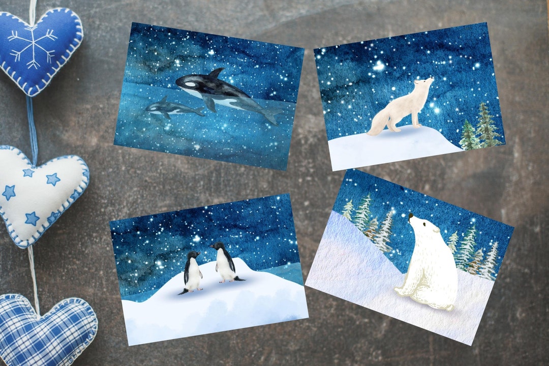 Set of 4 Arctic Animals Postcards, Ocean Animal Postcards, Cute Animals ...