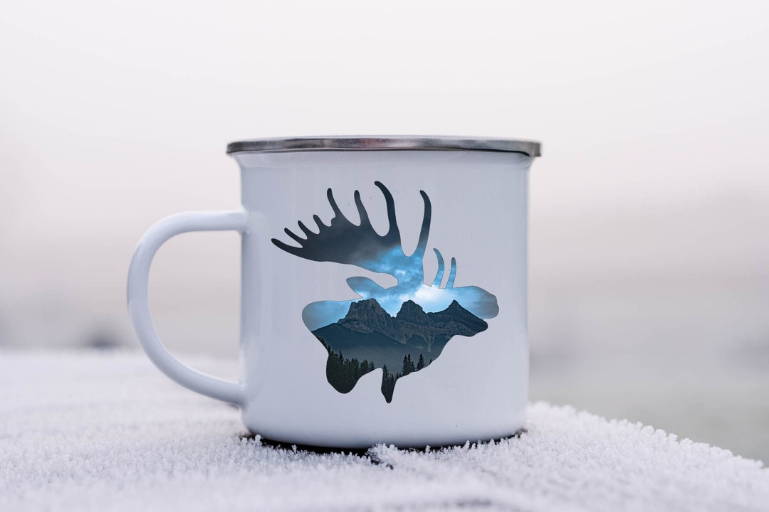Bulging Moose Enamel Mug for Fathers Day Gift, Mountain Campfire Mug ...
