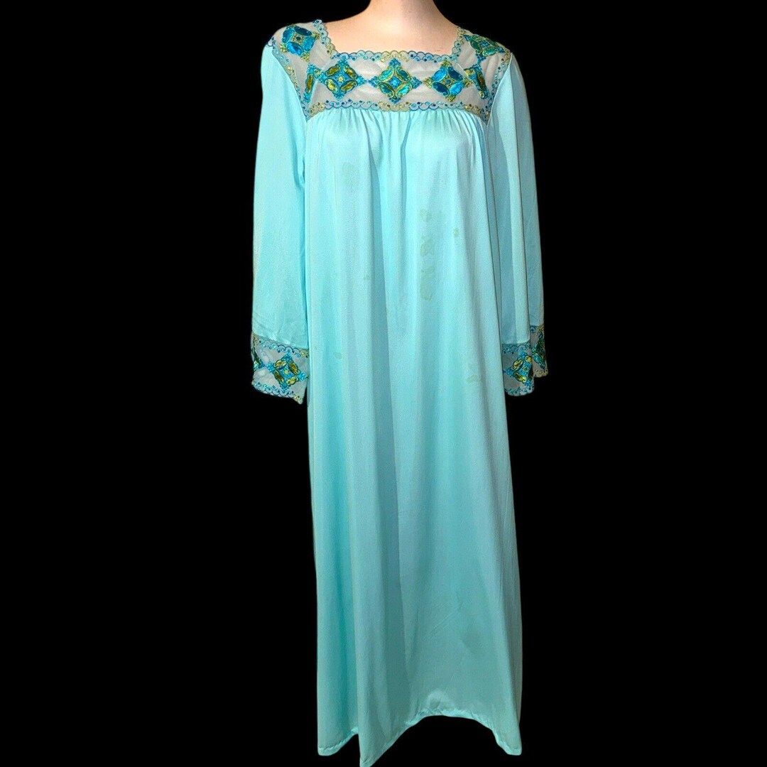 Vintage Gossard Long Aqua Blue W/ Embroidered Chiffon Trim Nylon ...