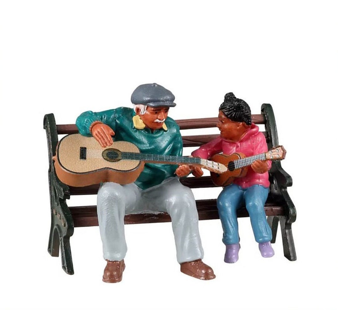 Lemax THE MUSIC LESSON # 22135 Grandpa & Little Girl Playing Guitar ...