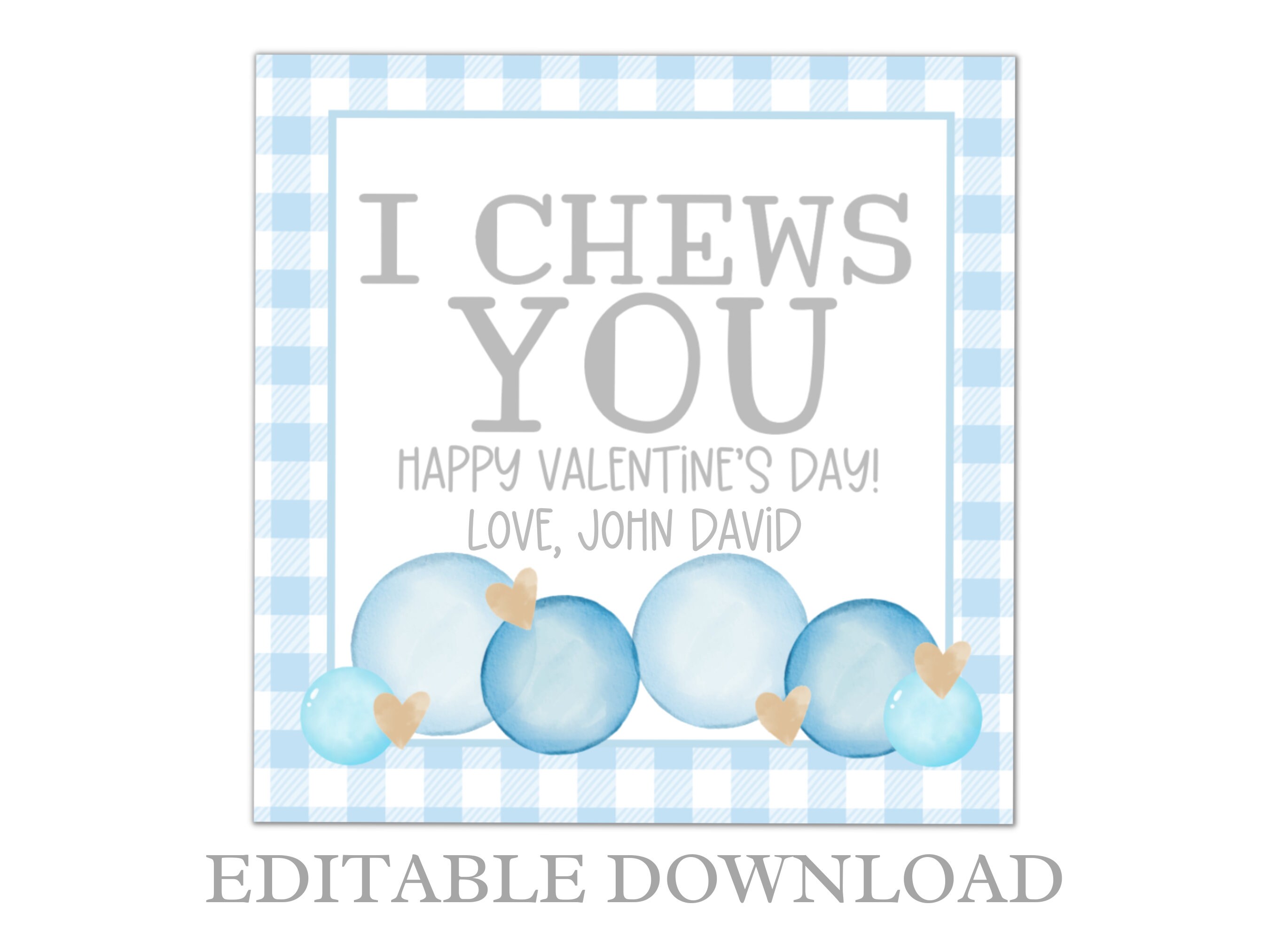 Printable 'I Chews You' Valentine's Day Cards: Blue Gingham Favor Tags ...