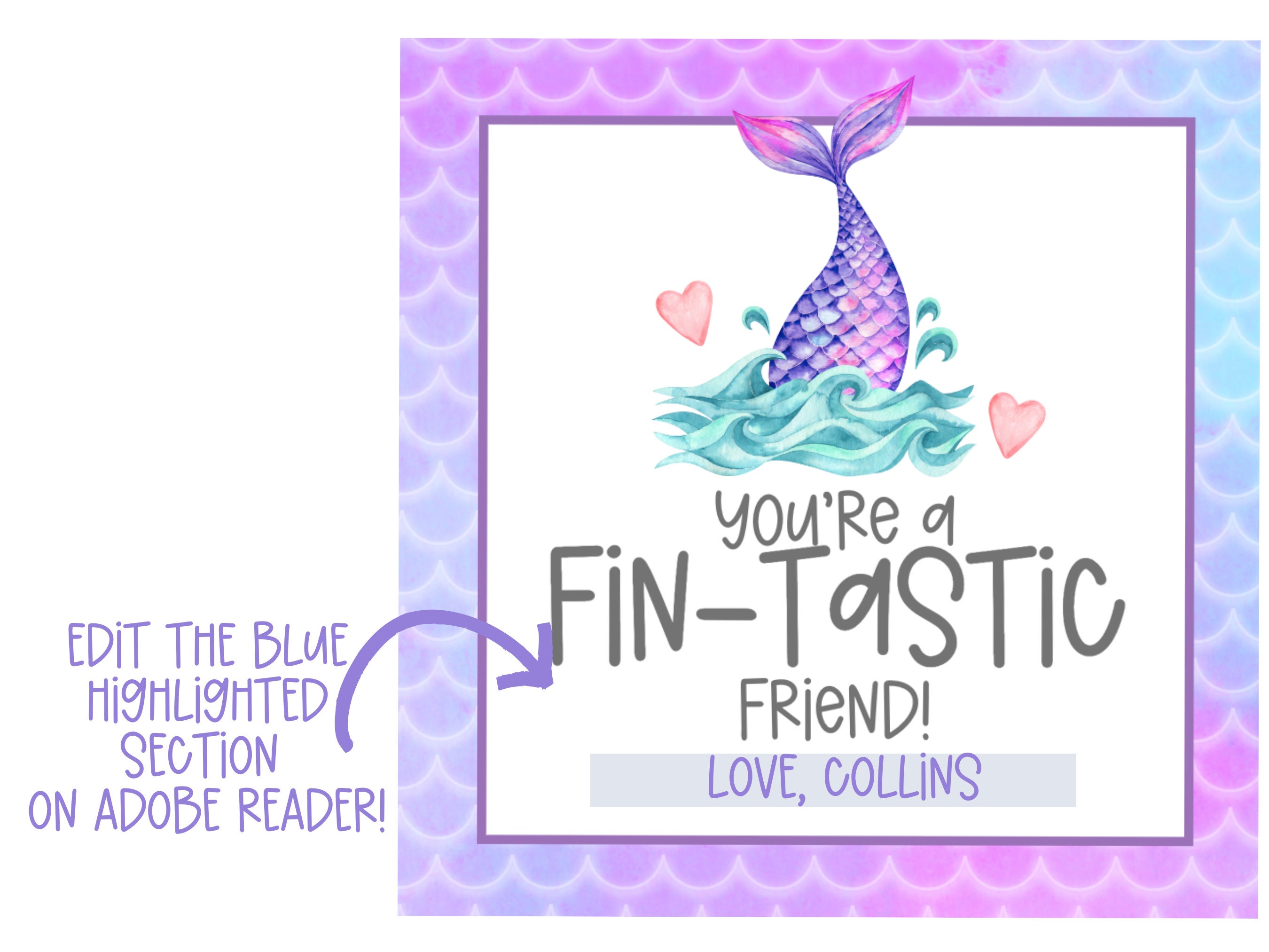 Mermaid Valentine Card: Fintastic Friend Tag (digital Download) - Etsy