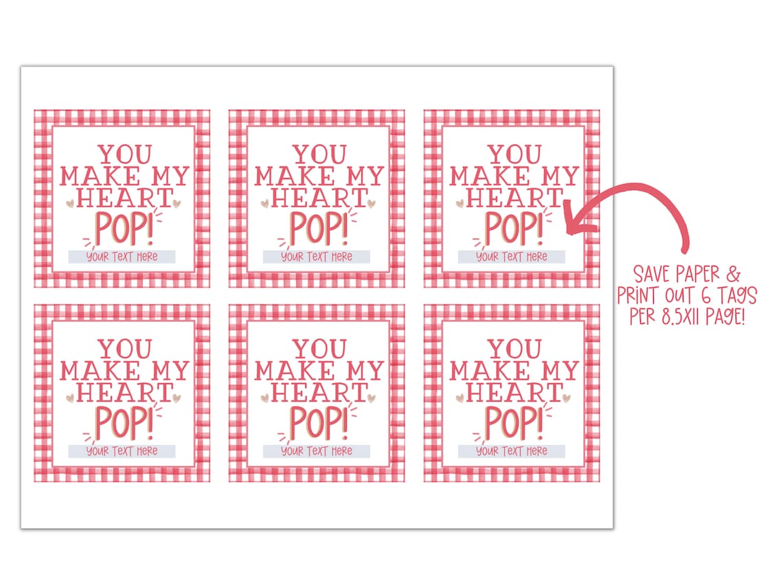 You Make My Heart Pop Valentine Tag: Red Gingham Card (digital Download ...