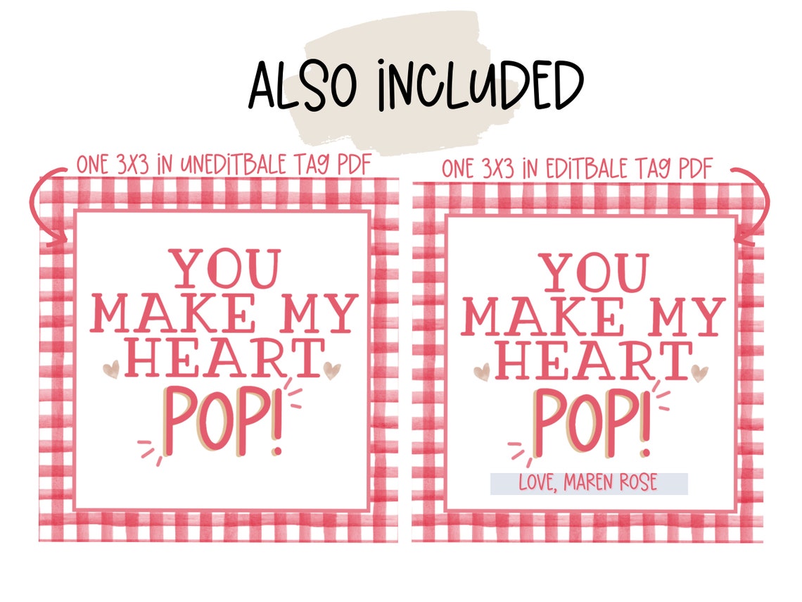 You Make My Heart Pop Valentine Tag: Red Gingham Card (digital Download ...