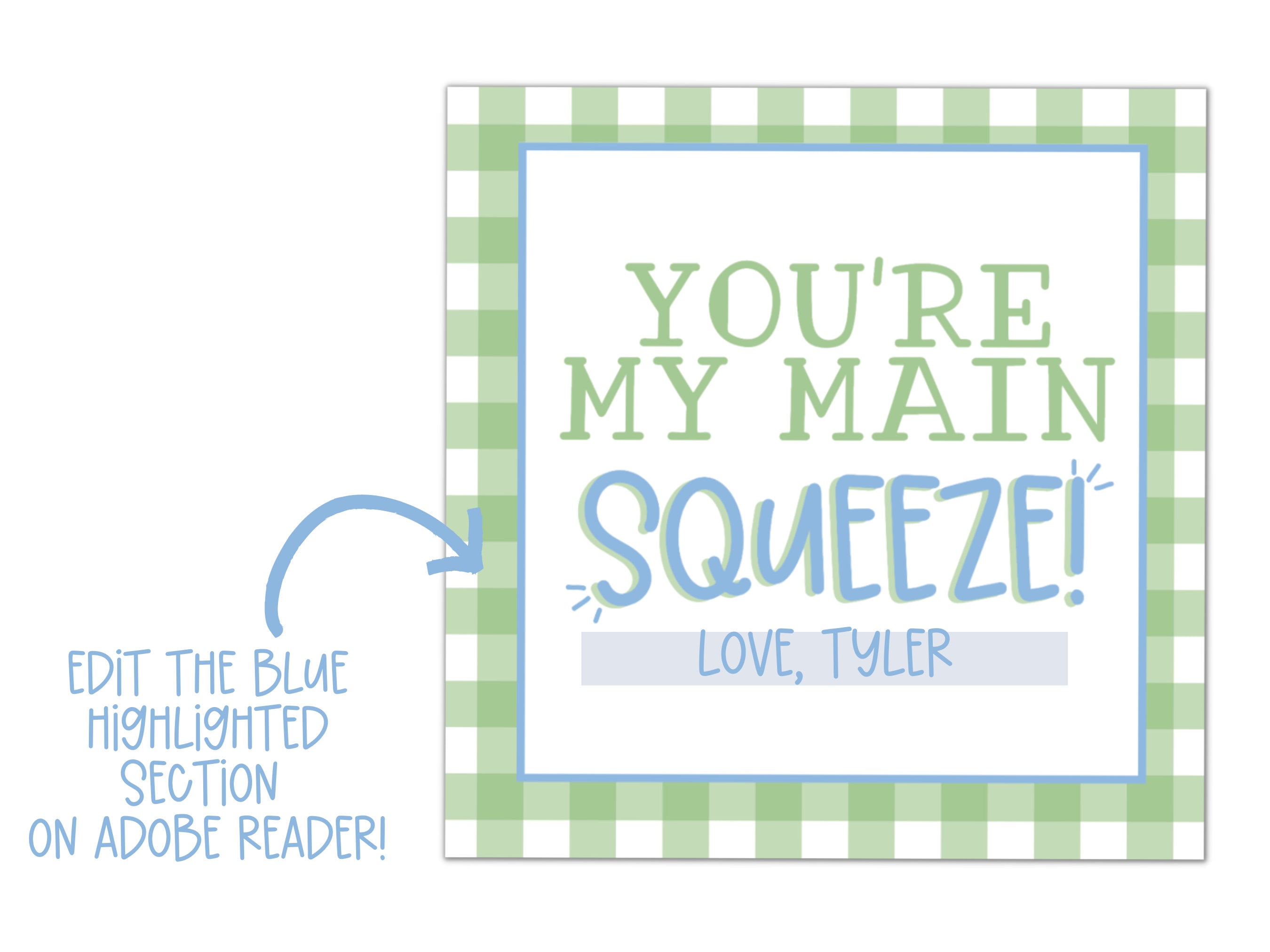Printable Valentine's Day Card: Main Squeeze Gingham Tag (digital ...