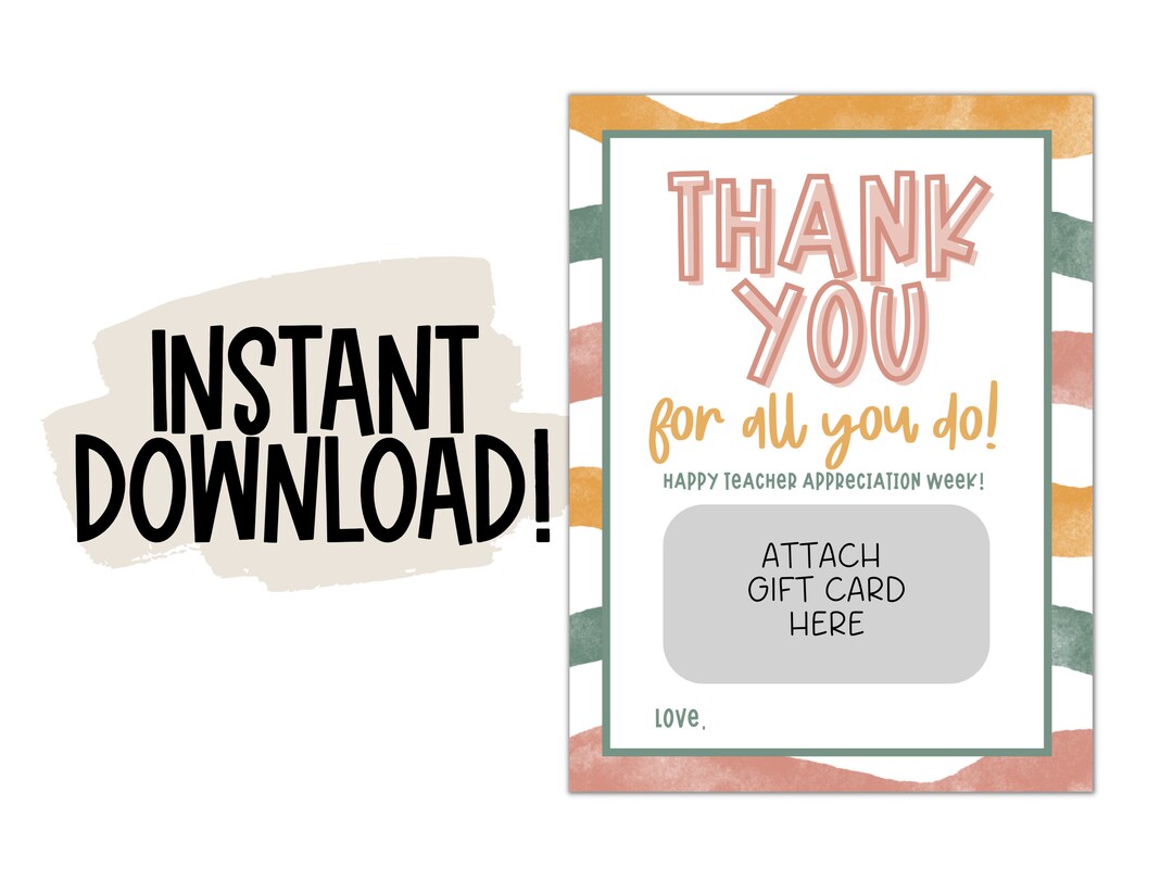Teacher Appreciation Gift Card Holder: Printable Thank You Tag (digital ...
