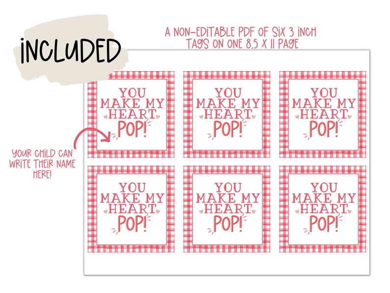 You Make My Heart Pop Valentine Tag: Red Gingham Card (digital Download ...