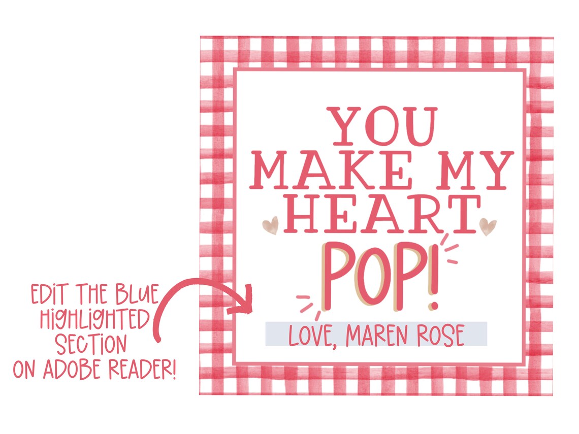 You Make My Heart Pop Valentine Tag: Red Gingham Card (digital Download ...