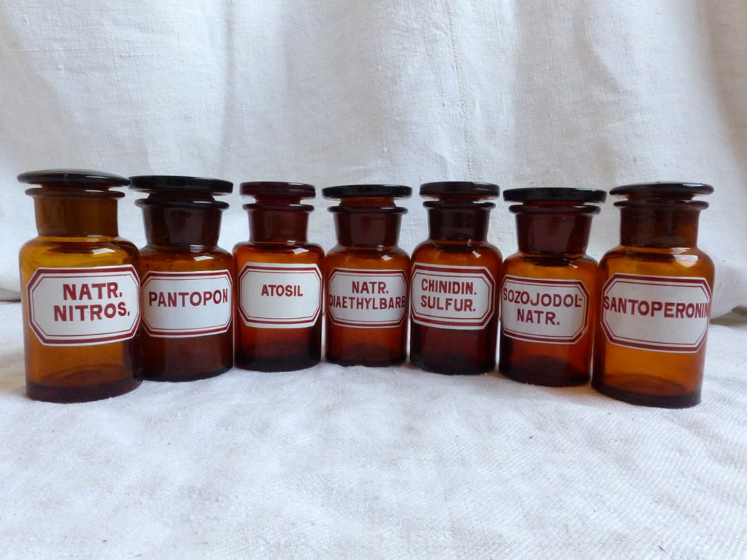 Set of 7 Small Antique Amber Glass Pharmacy Bottle Collection. Enamel ...
