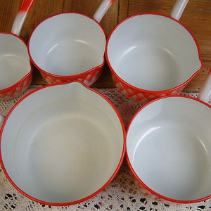 Set of 5 Vintage French Enamel Kitchen Cooking Pots. Red-orange With ...