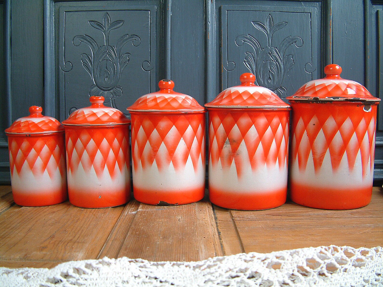 Set of 5 Vintage French Enamel Kitchen Canisters. Red-orange - Etsy