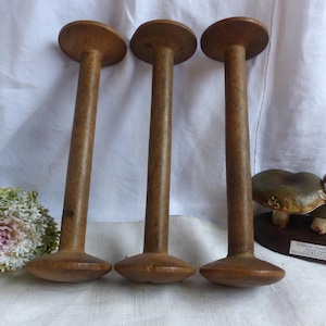 Set of 3 Antique French Giant Wooden Machine Bobbins. Dome End Antique ...