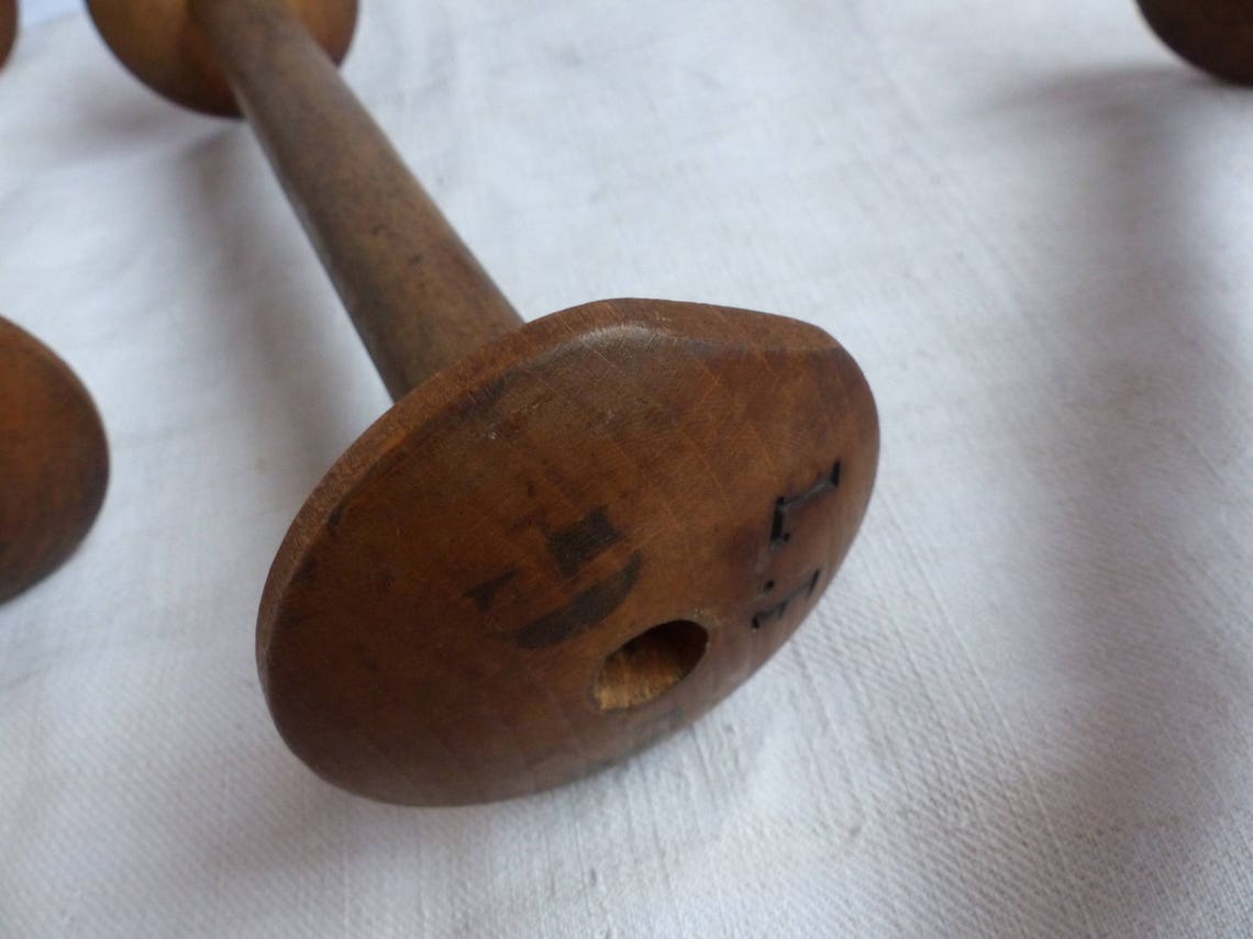Set of 3 antique french giant wooden machine bobbins. Dome end | Etsy