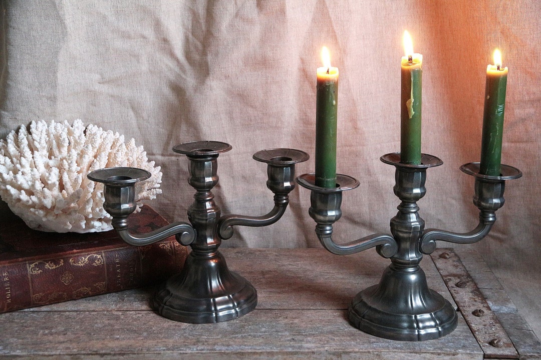 Pair French Vintage Three Branch Pewter Candelabras. Small Candelabra ...