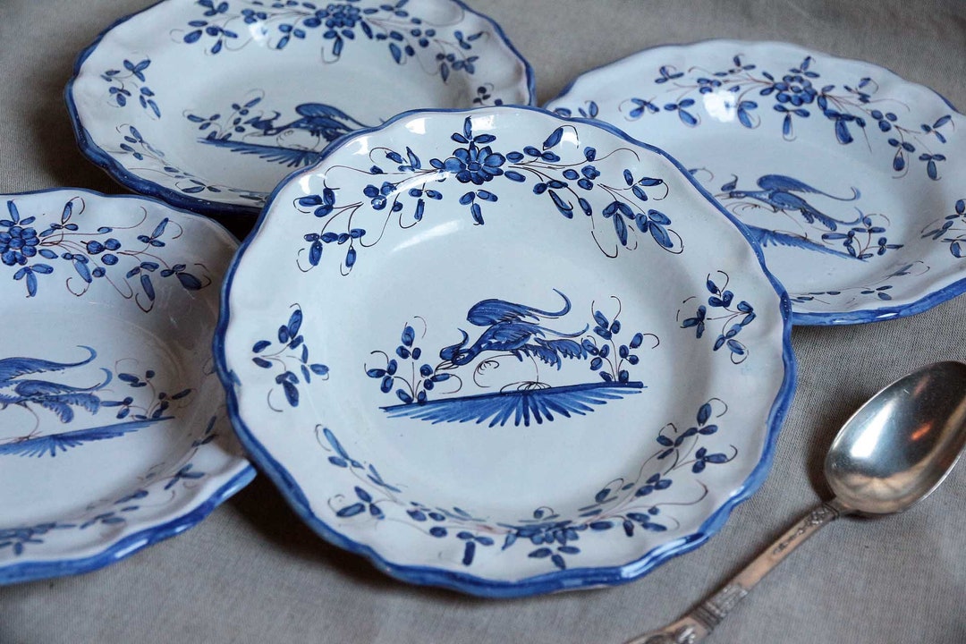 Set of 4 French Vintage Glazed Blue and White Terra Cotta Deep Plates ...