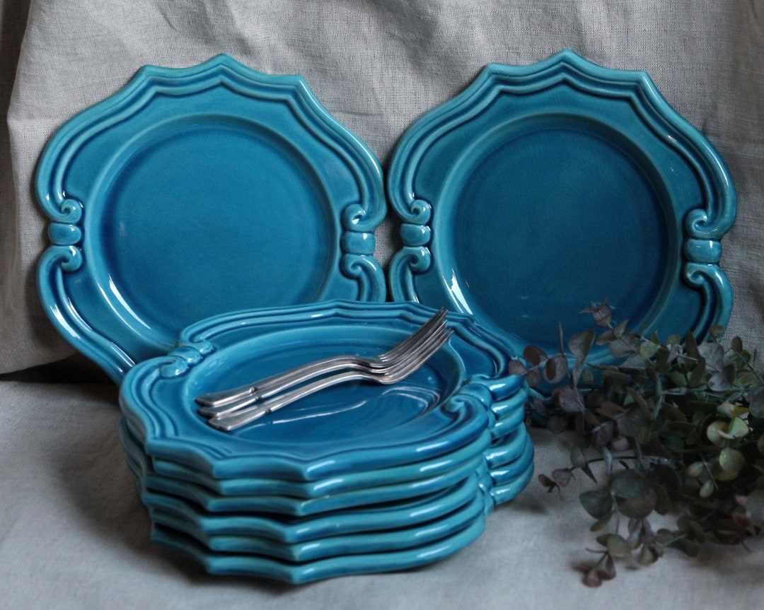 Set of 4 Vintage Provence France Pottery Plates Turquoise Teal Glaze ...