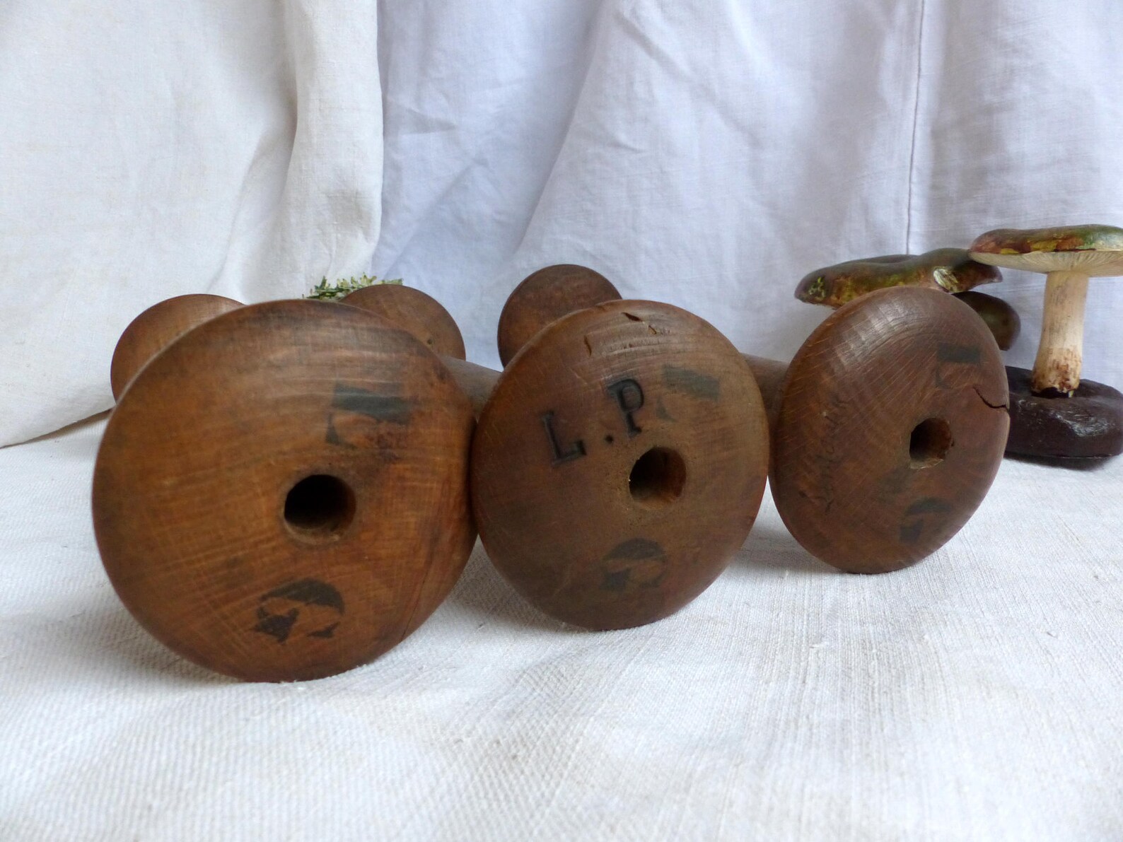 Set of 3 Antique French Giant Wooden Machine Bobbins. Dome End Antique ...