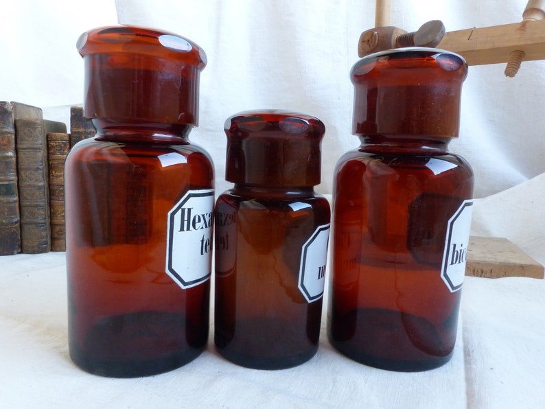 Set of 3 Antique Amber Glass Pharmacy Bottle Collection. | Etsy