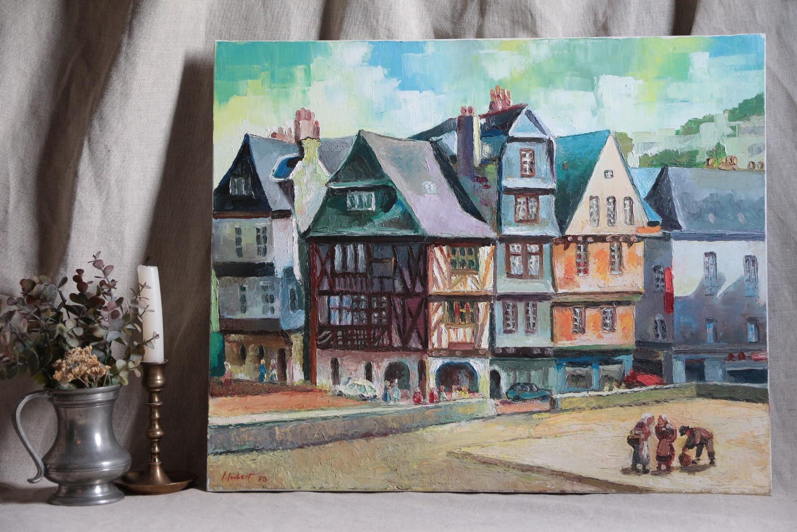 French Vintage Village Square Oil Painting. Morlaix Brittany French ...