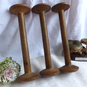 Set of 3 Antique French Giant Wooden Machine Bobbins. Dome End Antique ...