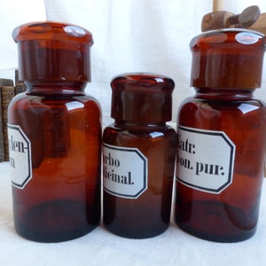 Set of 3 Antique Amber Glass Pharmacy Bottle Collection. Painted Enamel ...