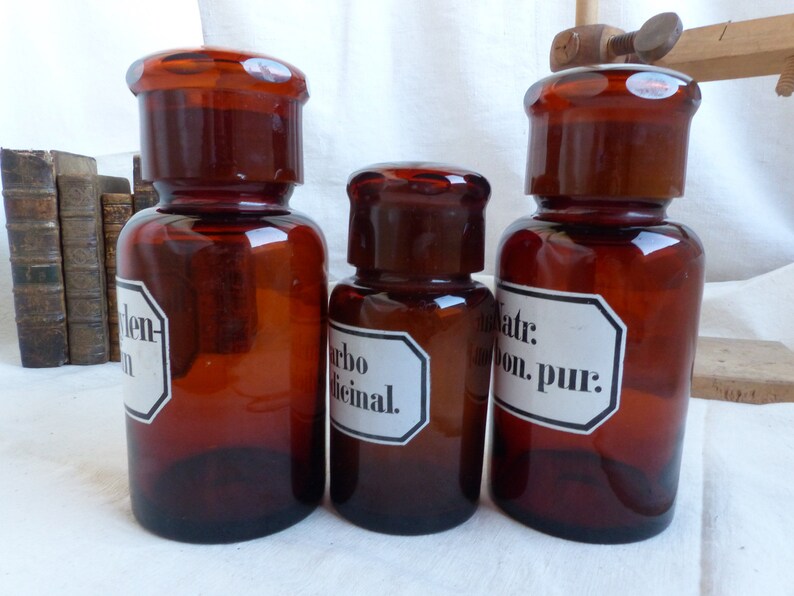 Set of 3 Antique Amber Glass Pharmacy Bottle Collection. | Etsy
