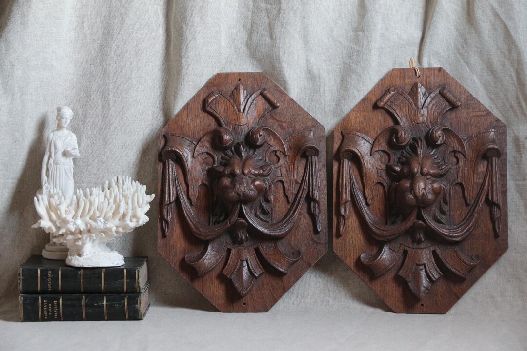 Set of 2 Antique French Carved Lion's Head Wood Panels. Renaisssance ...