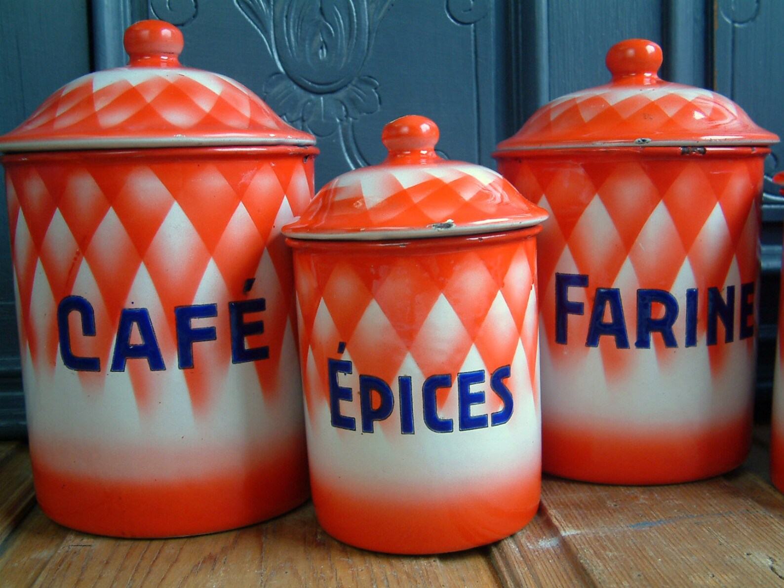 Set of 5 Vintage French Enamel Kitchen Canisters. Red-orange - Etsy