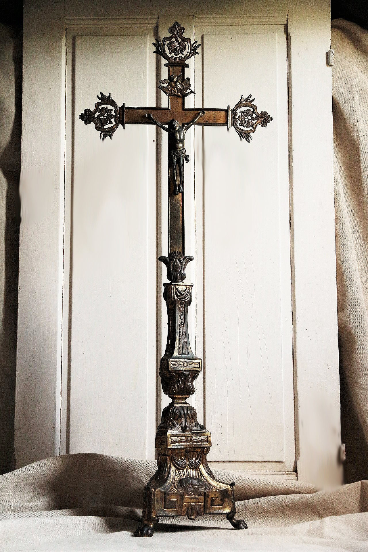 One Antique French HUGE Standing Church Altar Crucifix. Bronze and ...