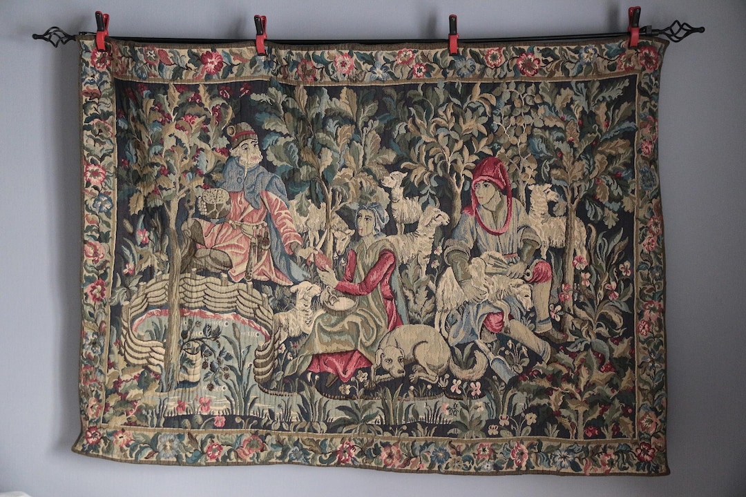 French Vintage Gobelins Reproduction Tapestry. Medieval Style Wall ...