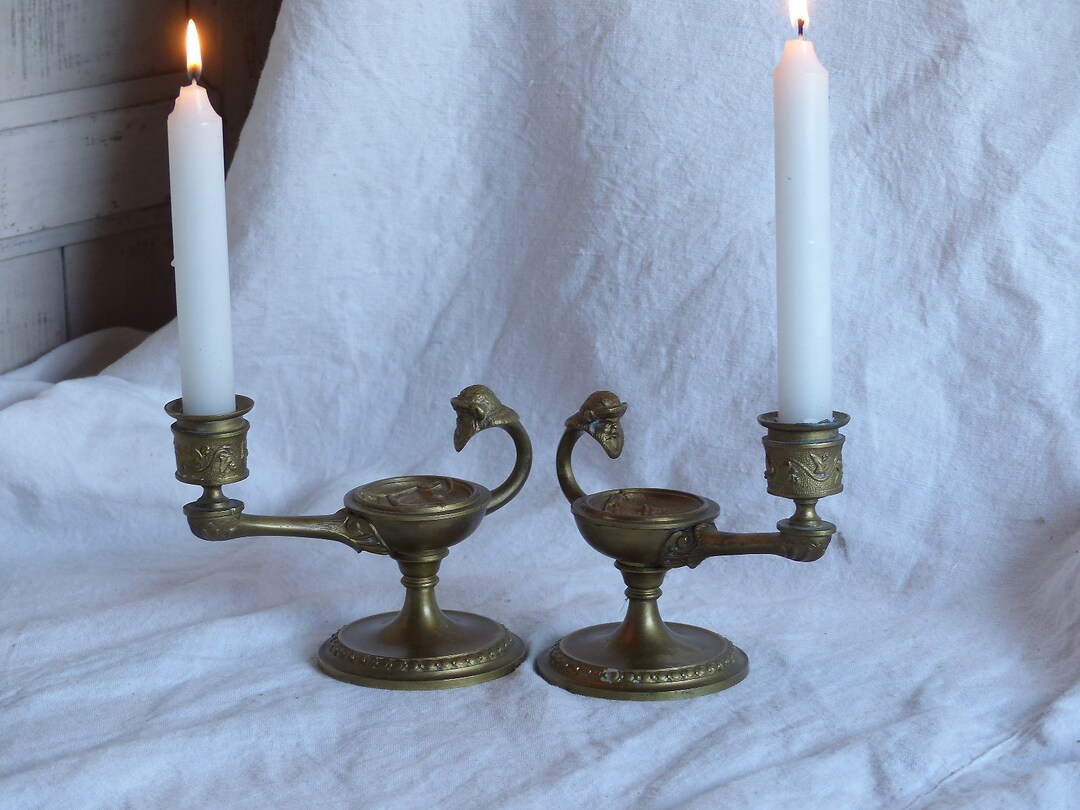Pair of Antique French Heavy Bronze Candle Holders. Oil Lamp Candle ...