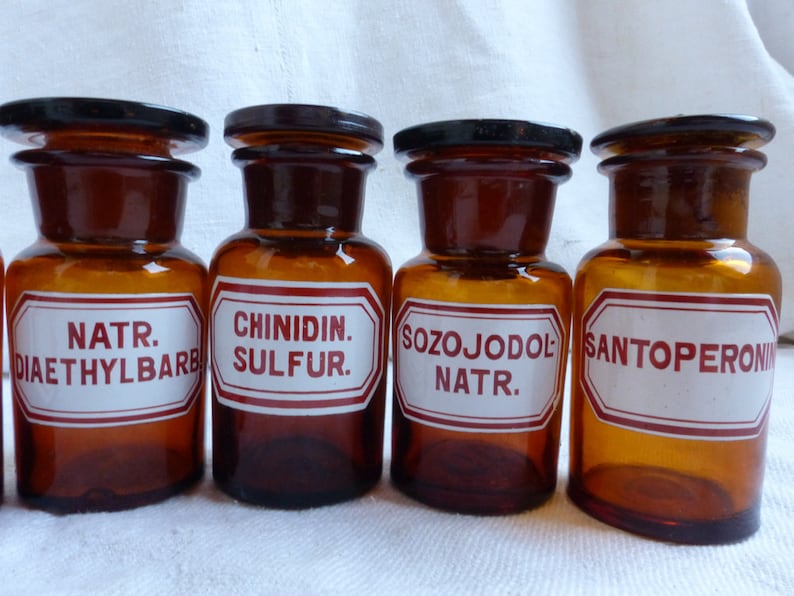 Set of 7 Small Antique Amber Glass Pharmacy Bottle Collection. - Etsy