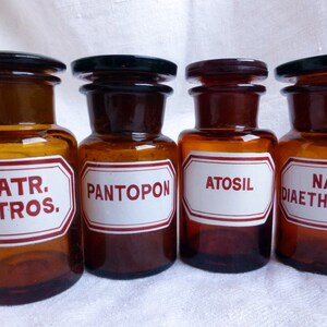 Set of 7 Small Antique Amber Glass Pharmacy Bottle Collection. Enamel ...