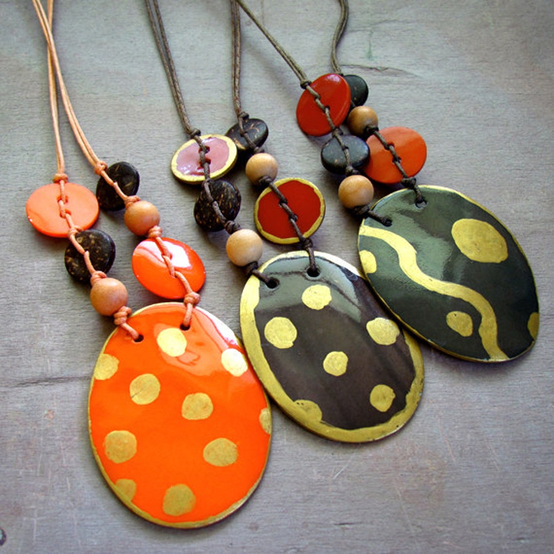 Ethnic Inspired Painted Shell Pendant Necklaces ~ Brown and Orange ...