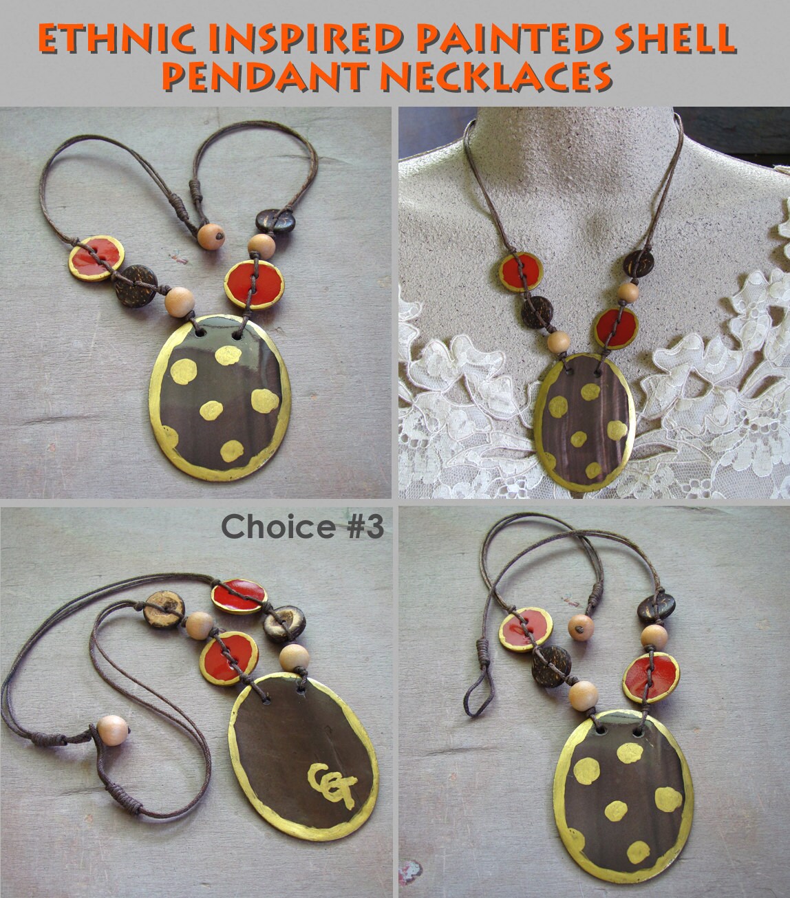 Ethnic Inspired Painted Shell Pendant Necklaces ~ Brown and Orange ...