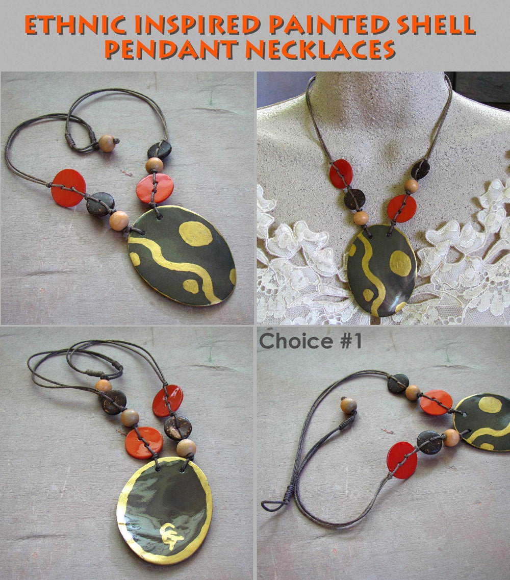 Ethnic Inspired Painted Shell Pendant Necklaces ~ Brown and Orange ...